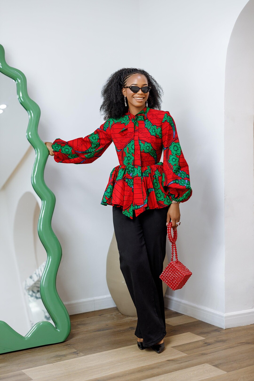 BIBI AFRICAN PRINT Tie Neck Peplum Top [red] - Etsy