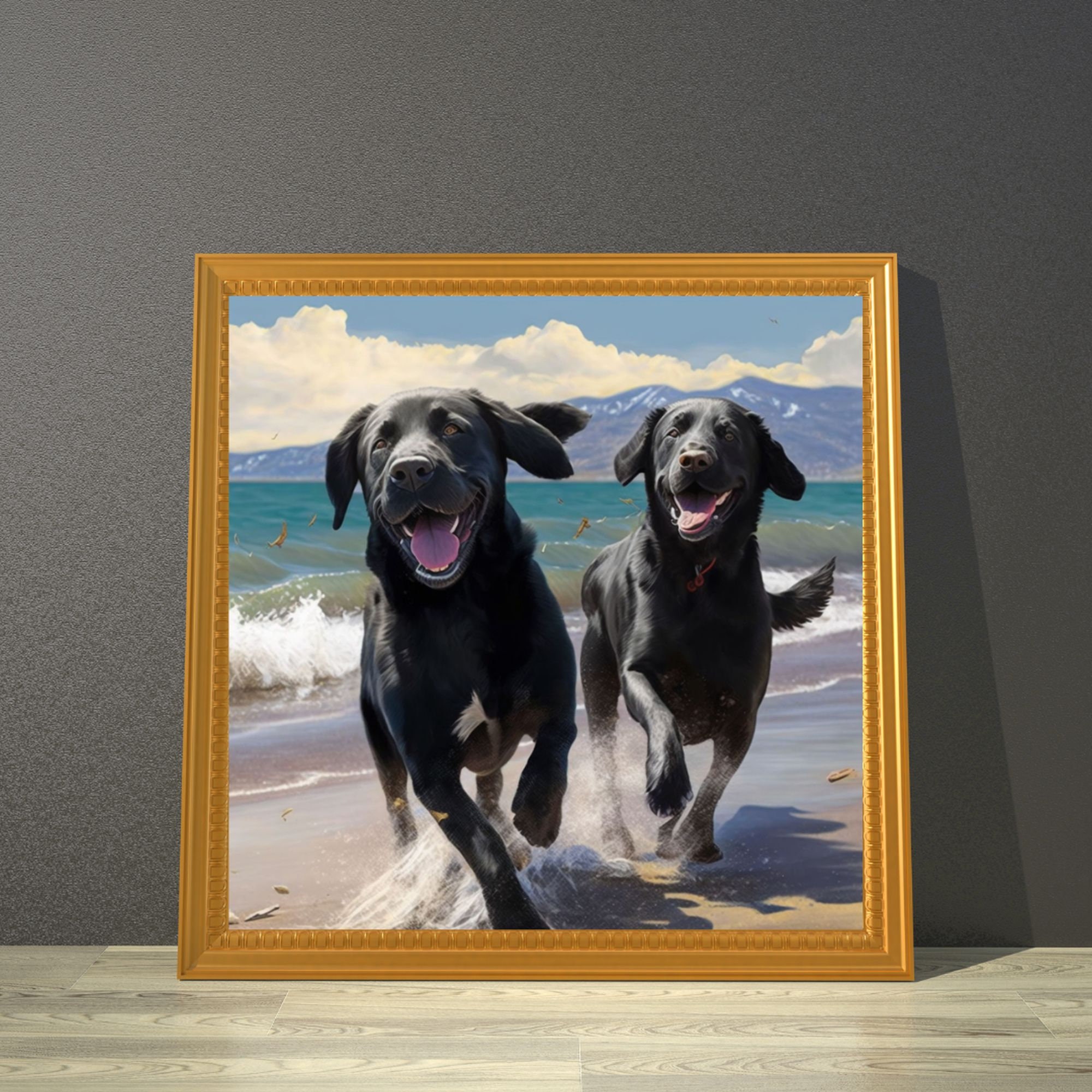Black Labrador Retrievers (labs) Playing on the Beach by the Mountains ...