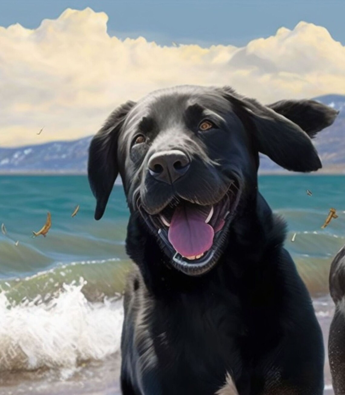 Black Labrador Retrievers labs Playing on the Beach by the Mountains ...