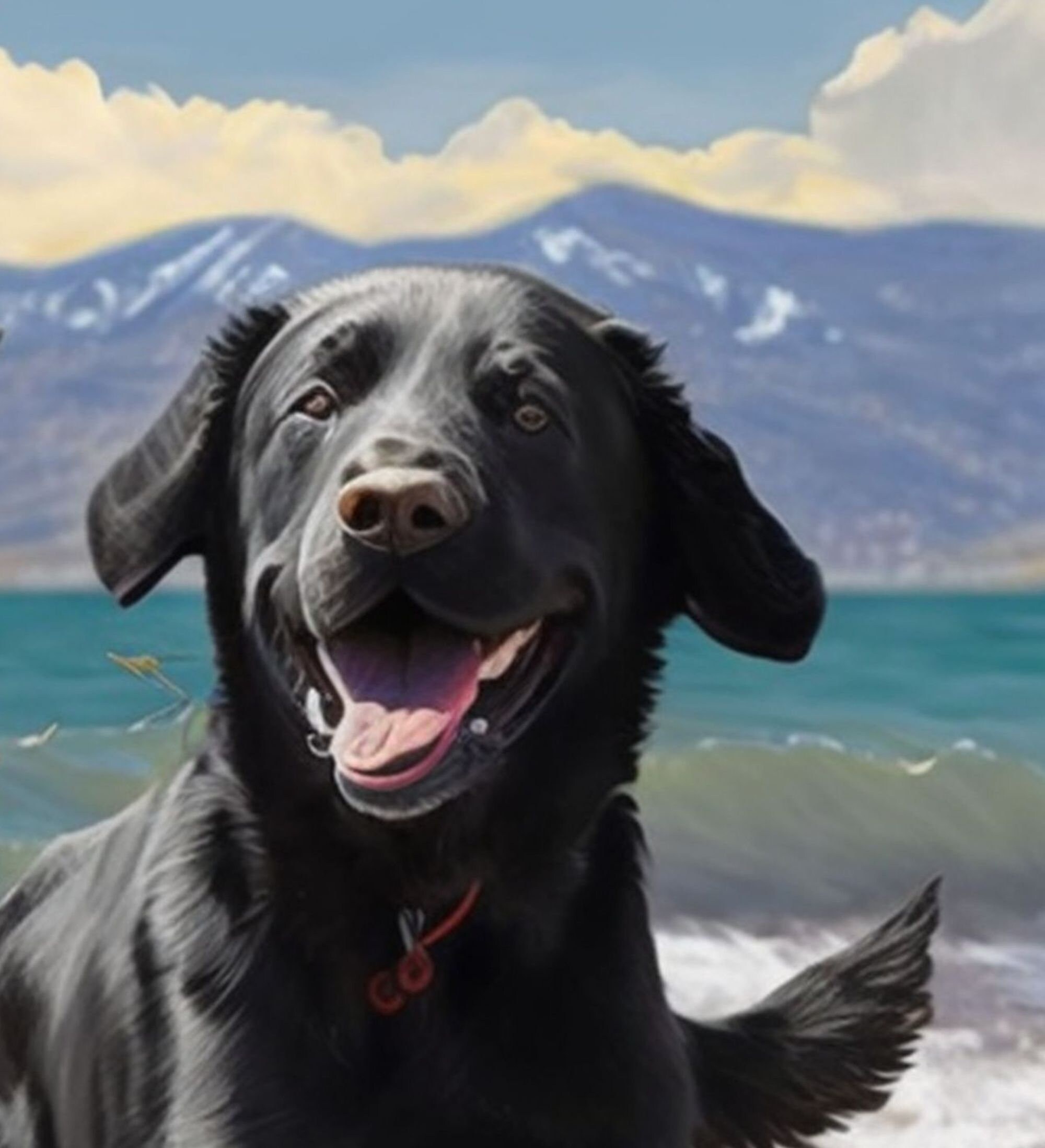 Black Labrador Retrievers (labs) Playing on the Beach by the Mountains ...