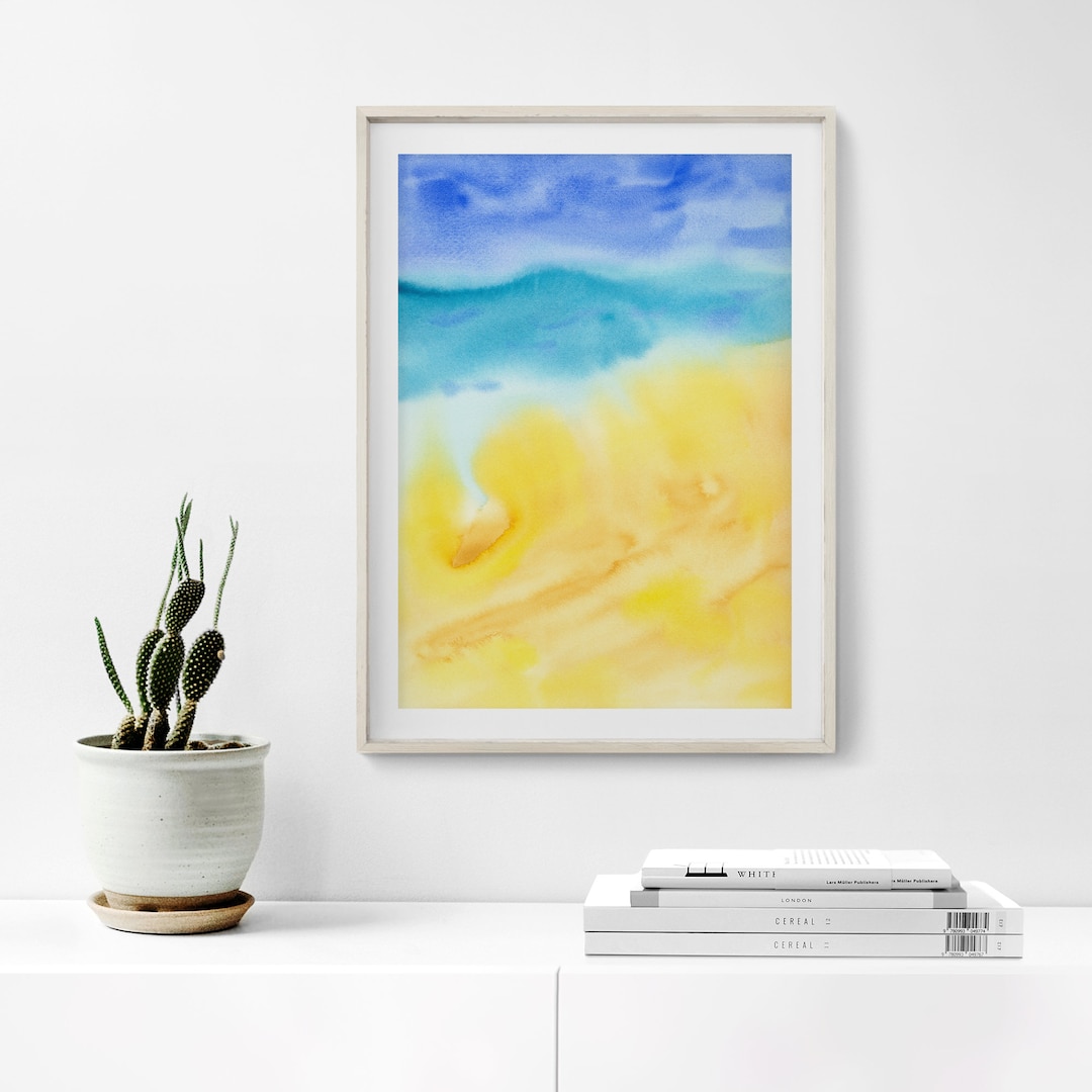 Seaside Watercolor Art Print: Blue & Yellow Beach Abstract - Etsy