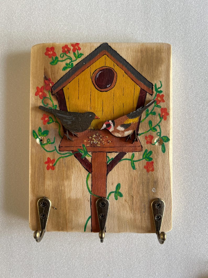 Hand Painted Bird Key Holder: Reclaimed Wood Wall Hooks. Garden Birds ...