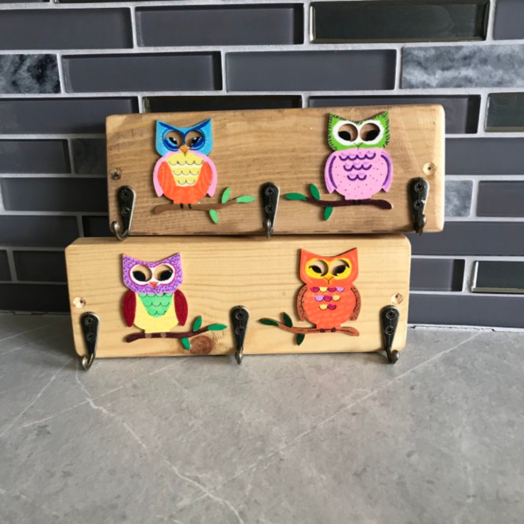 Owl Key Rack. Owl Themed Hooks for Wall. Small Space Wooden - Etsy