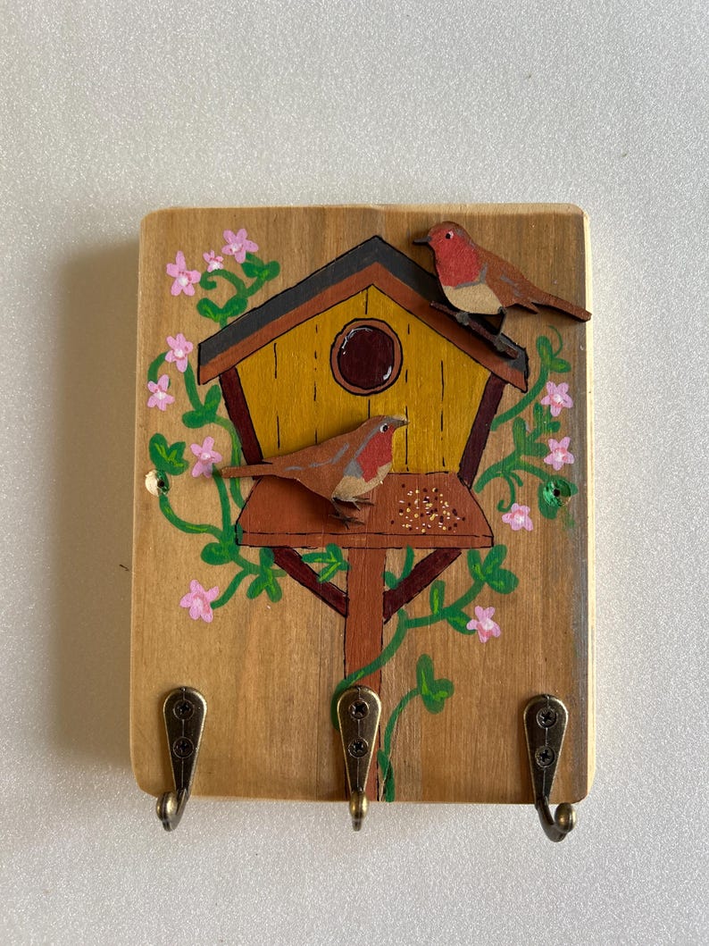 Hand Painted Bird Key Holder: Reclaimed Wood Wall Hooks. Garden Birds ...