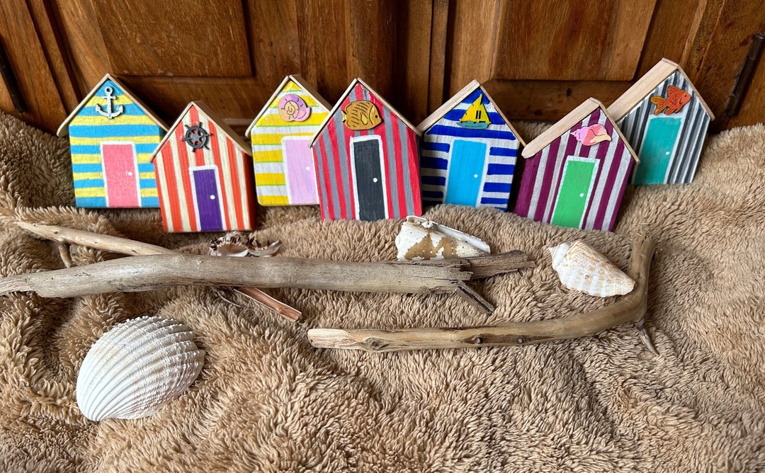 Beach Art. Painted Beach Huts. Seaside Bathroom Ornament. Rustic ...