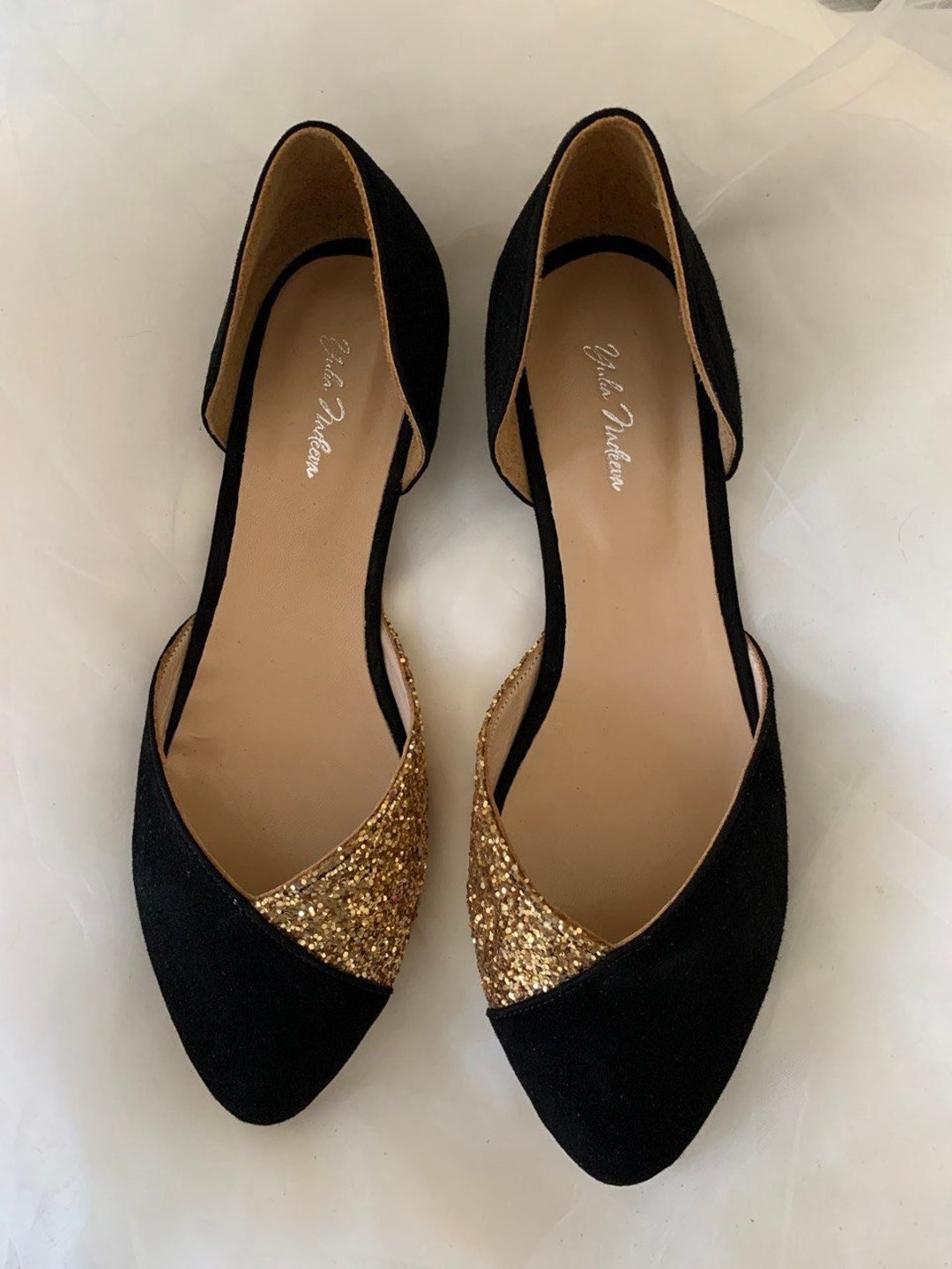 Black and Gold Colored Wedding Shoes, Bridal Flats, Wedding Shoes for ...