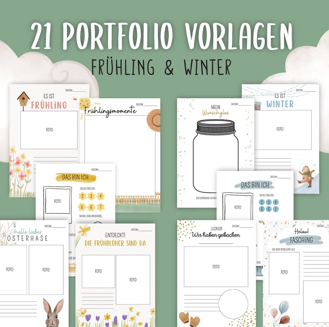 21 Portfolio Vorlagen Thema Frühling & Winter Paket - Zum Ausdrucken ...