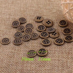 10 Metal Buttons 3/8"(10mm/11mm)4 Holes Flat Antique Bronze Vintage ...