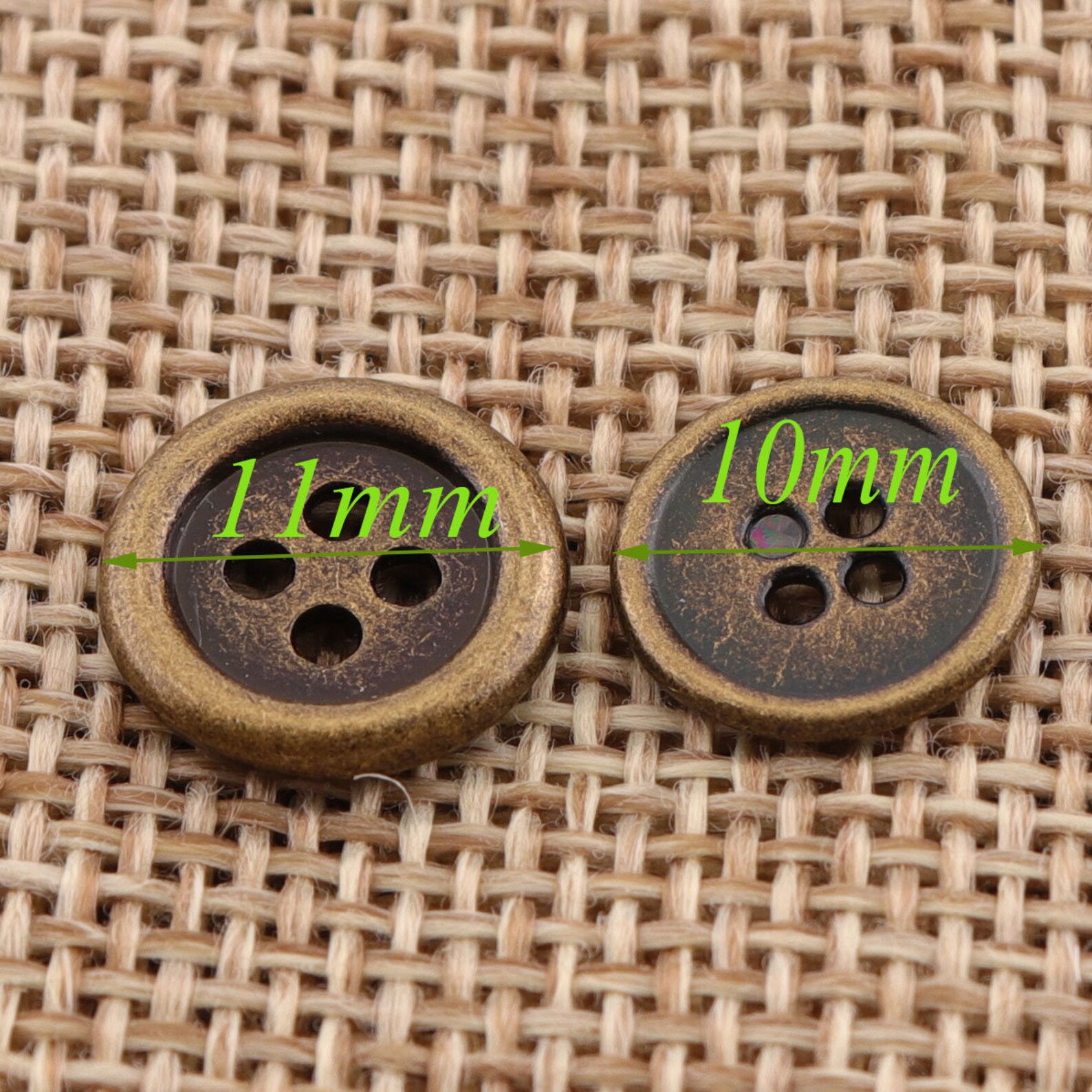 10 Metal Buttons 3/8"(10mm/11mm)4 Holes Flat Antique Bronze Vintage ...