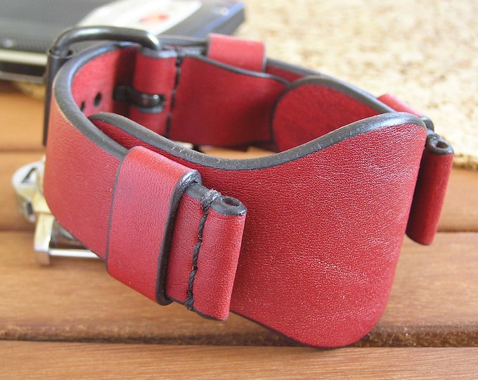 Red Bund Strap 24mm. Genuine Leather Handmade Watch Band Vintage Style ...