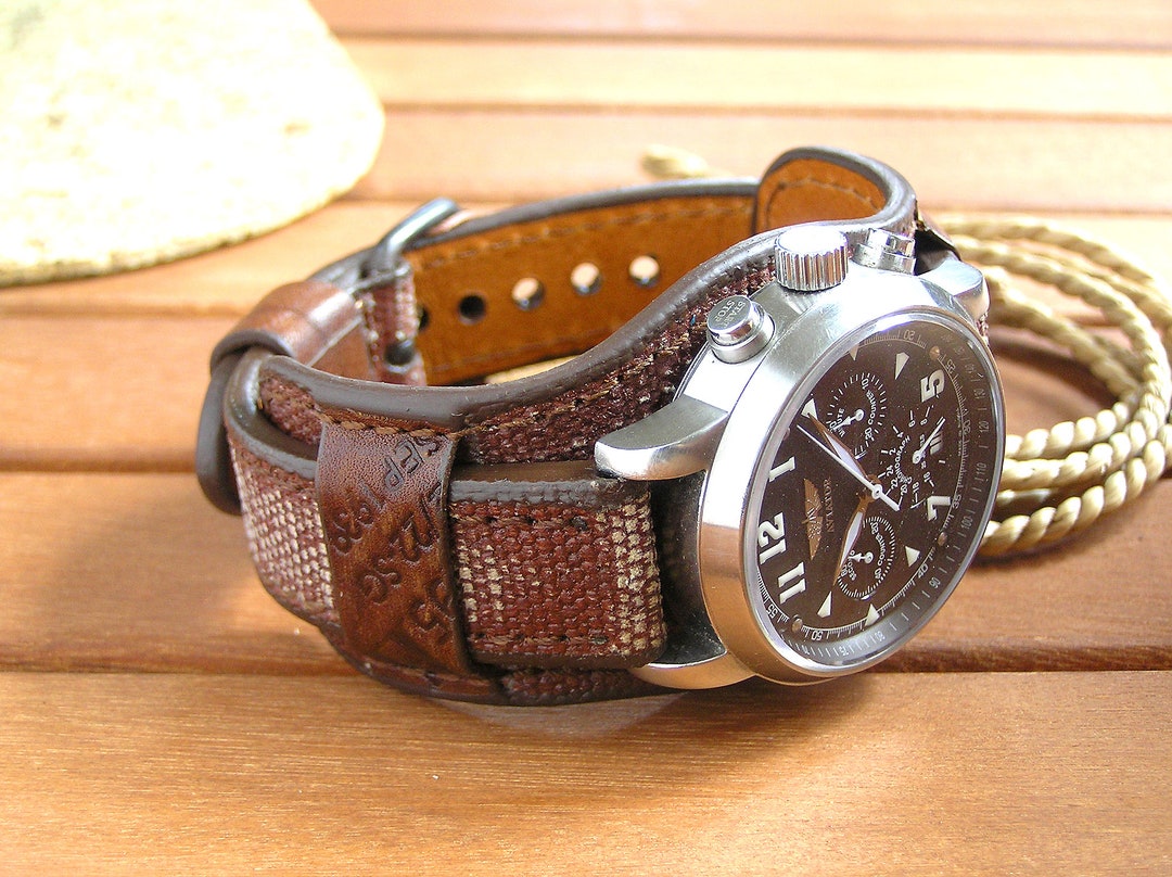 Watch Strap 22mm. Canvas Leather Wristwatch Strap. Brown Men Watch ...