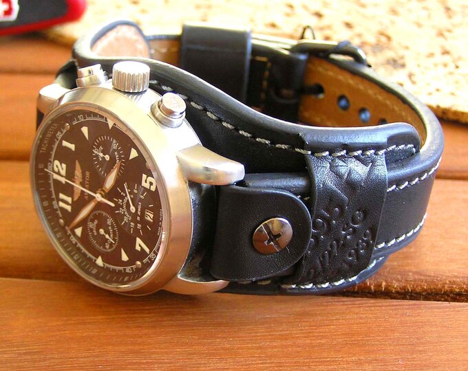 Watch Strap 18mm Leather Black. Wristwatch Bund Band Handmade Vintage ...