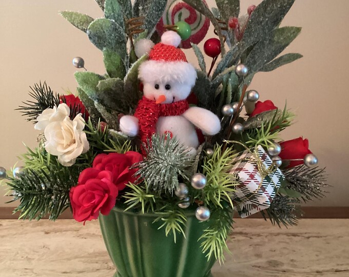 Green Ceramic Vase-snowman-christmas Packages-silk Flowers-table Decor ...