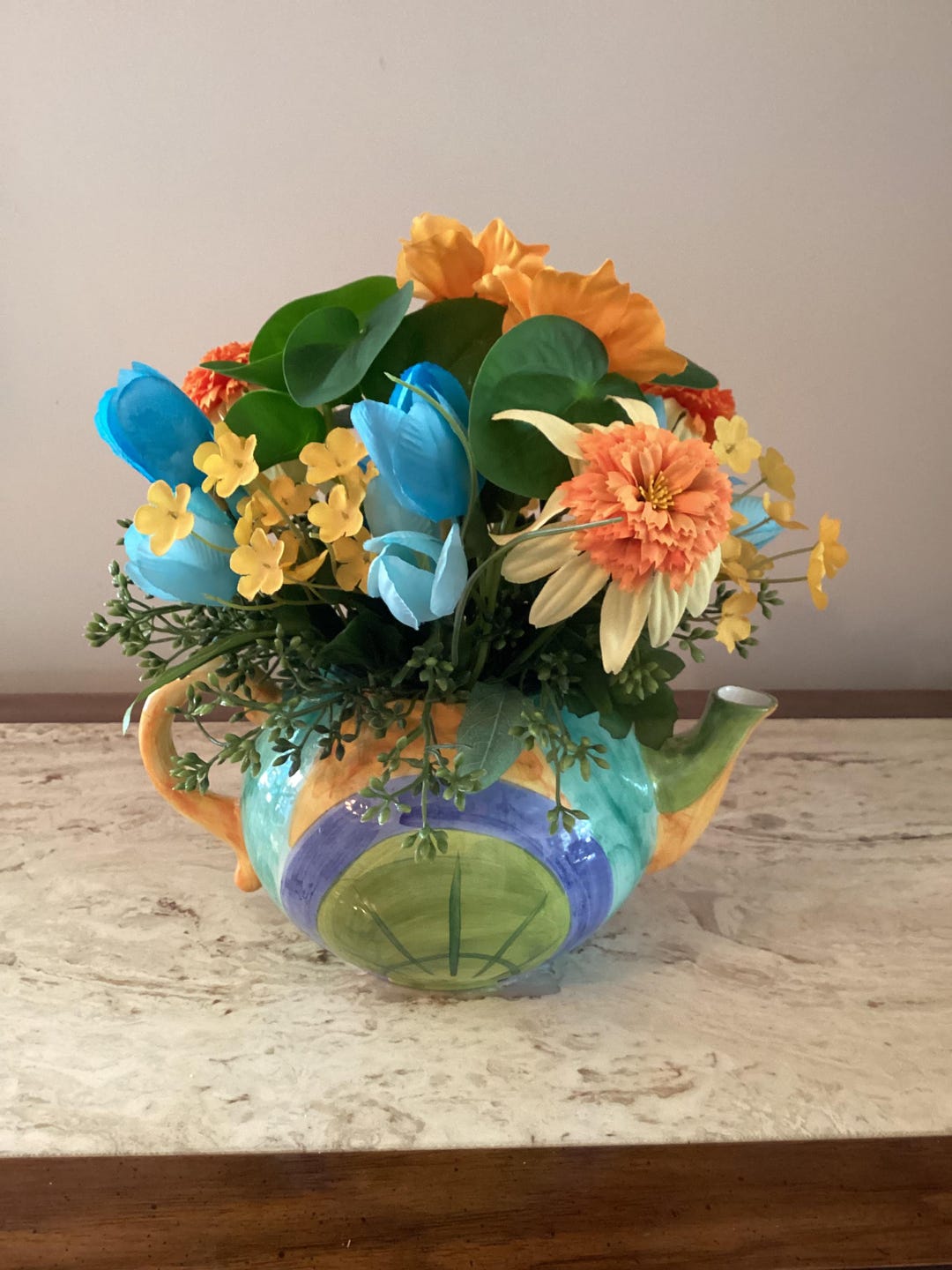 Multi-colored Ceramic Teapot-silk Flowers-kitchen Decor-entrance Hall ...