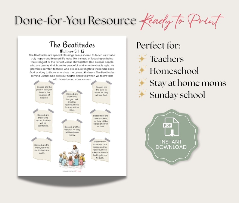 Beatitudes Printable for Kids, Bible Verse Summary (instant Download ...