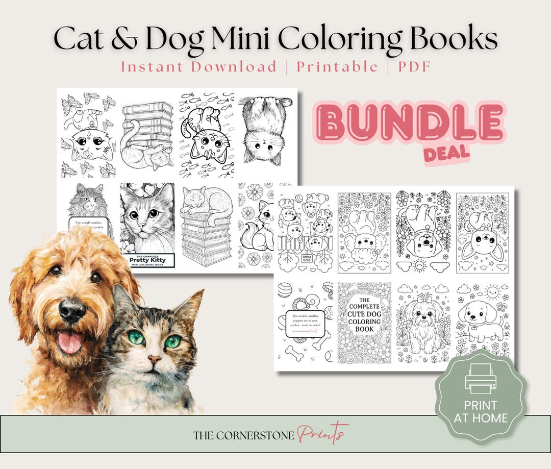 Cat & Dog Mini Coloring Book Bundle, Cute Animal Pages (printable PDF ...