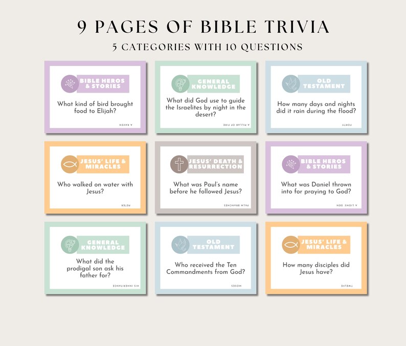 Children’s Bible Trivia Cards Printable Game, Sunday School Printable ...
