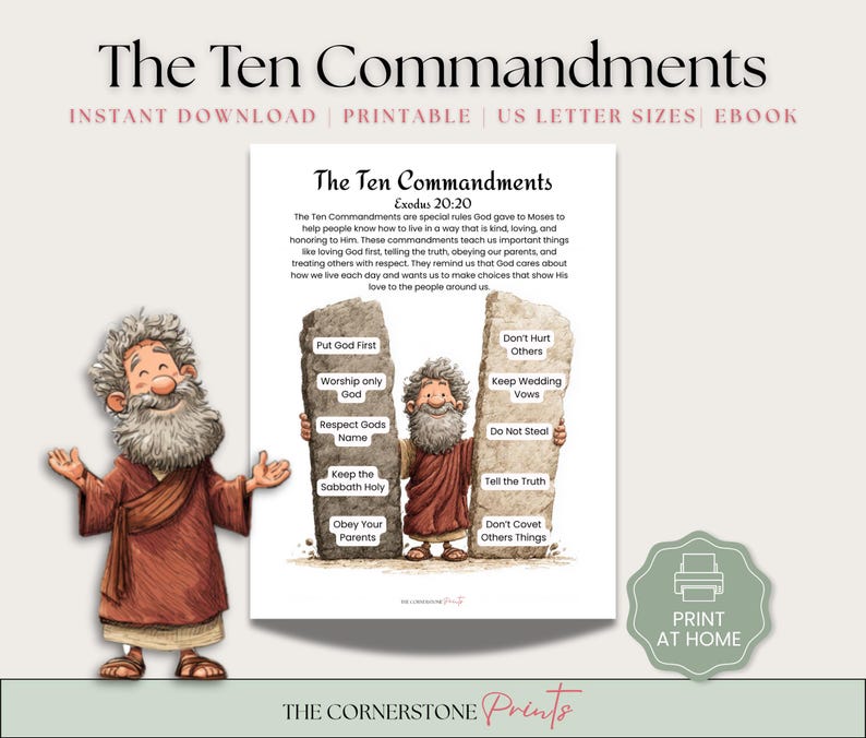 10 Commandments Printable for Kids, Bible Verse Summary (instant ...