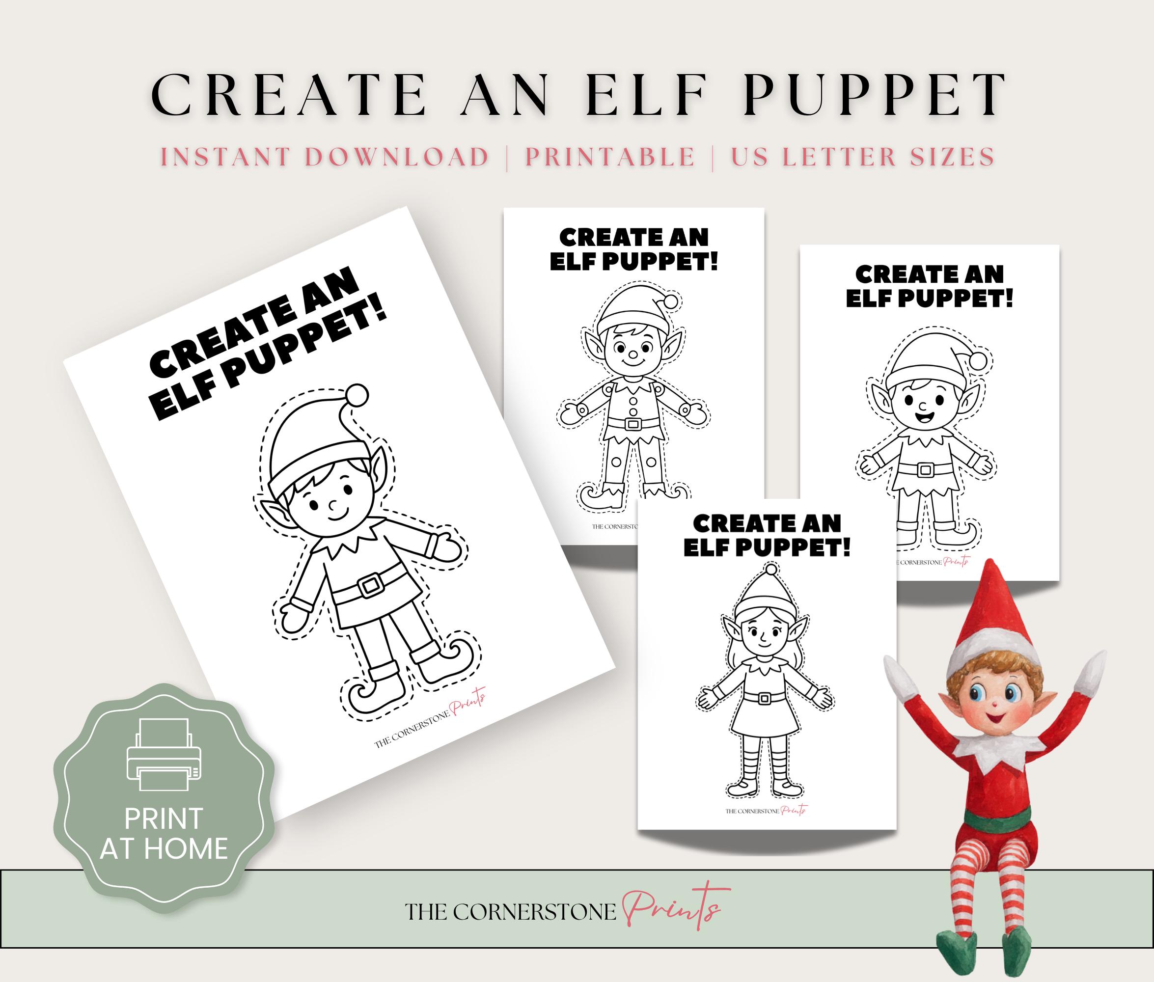 Christmas Elf Coloring Puppets Printable, Christmas Party Craft, Sunday ...