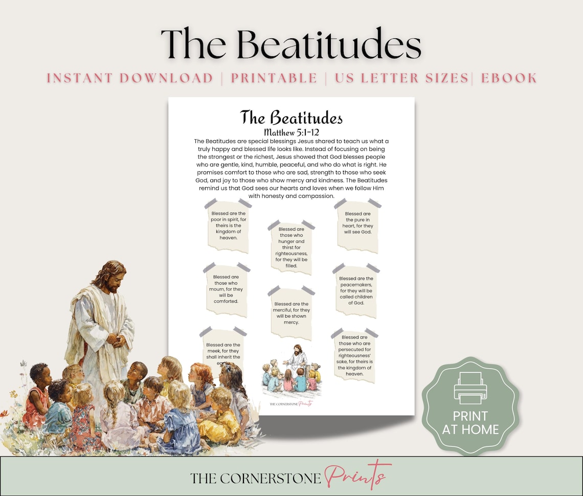 Beatitudes Printable for Kids, Bible Verse Summary (instant Download ...