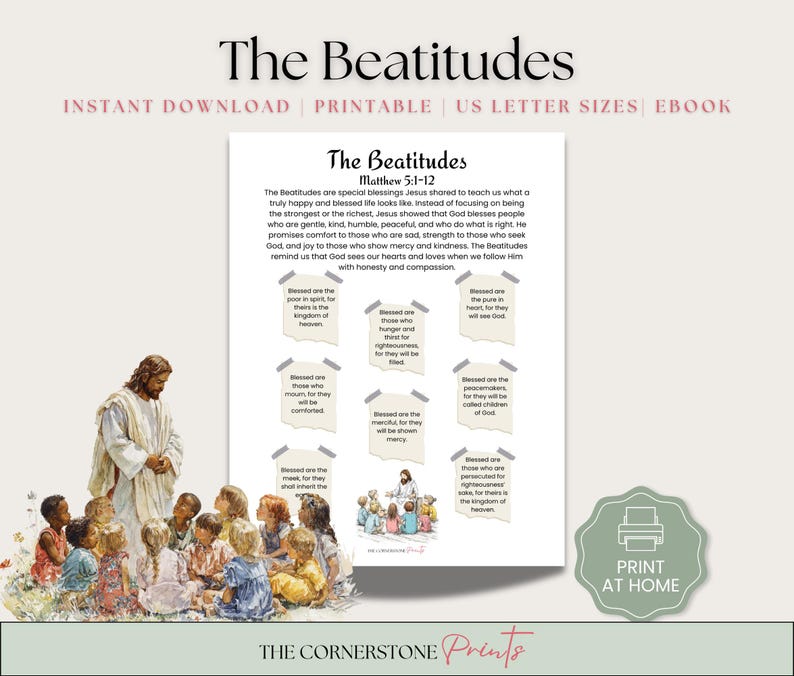 Beatitudes Printable for Kids, Bible Verse Summary (instant Download ...