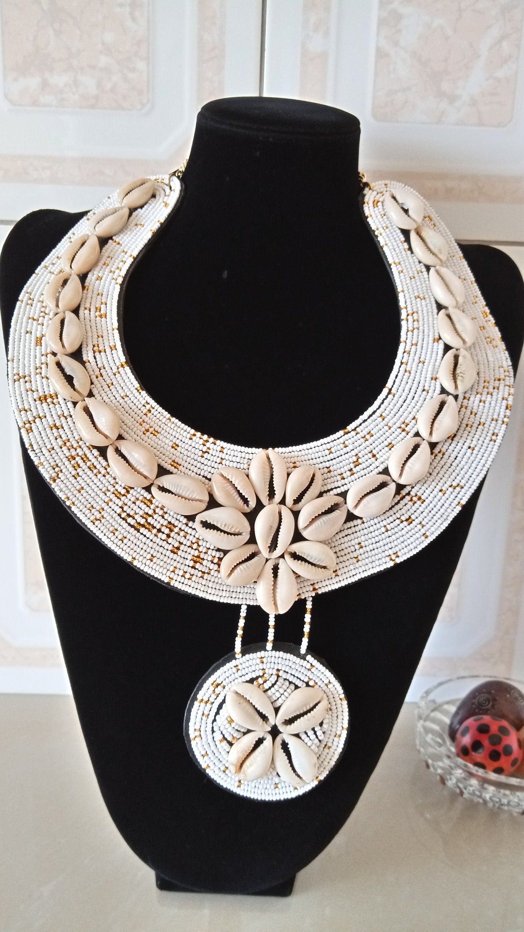 ON SALE African Beaded Cowrie Shell Necklace, African Ceremonial ...