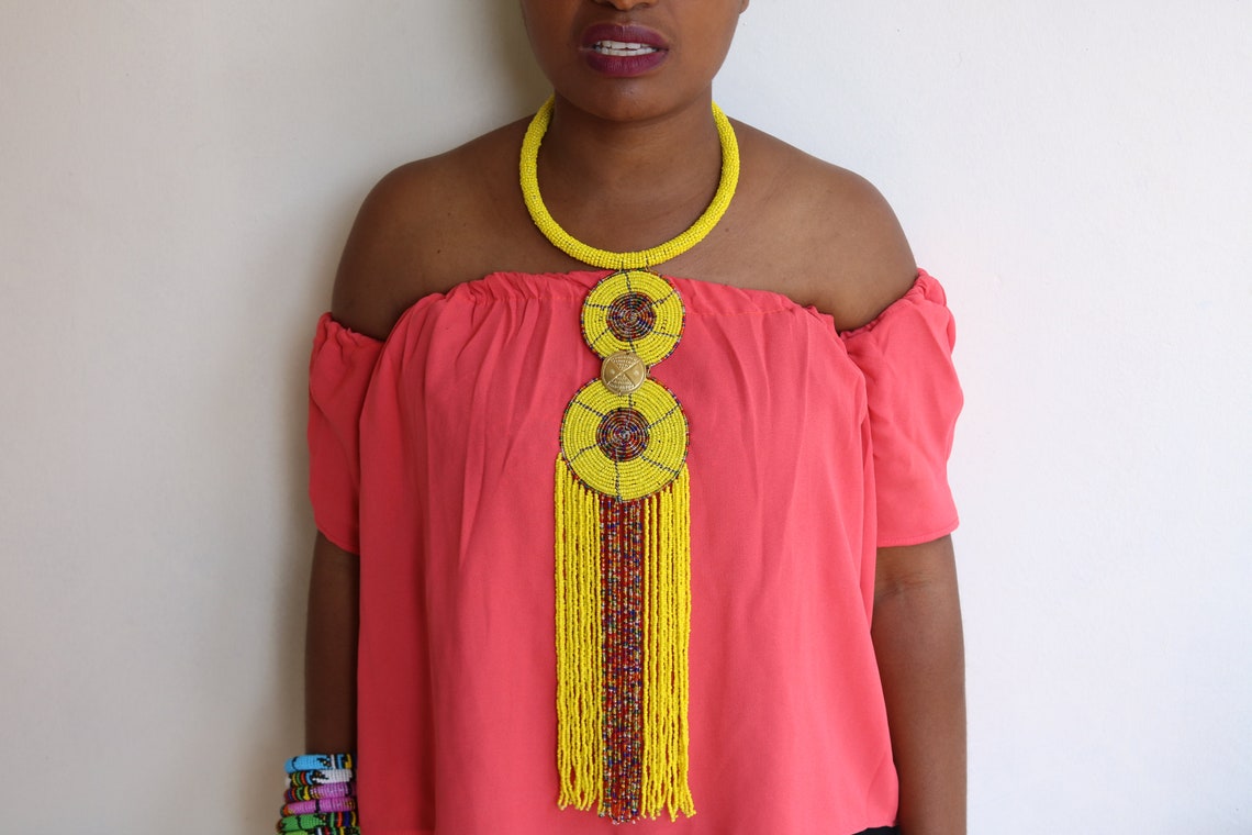 On Sale African Pendant Necklace Yellow Beaded Necklace Etsy