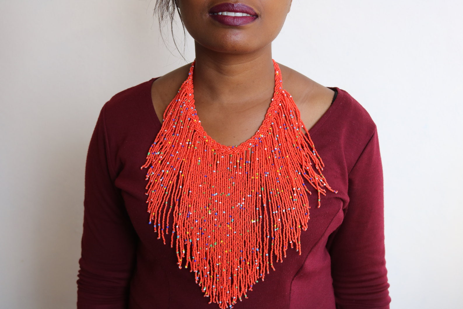 ON SALE Beaded Fringe Necklace Fringe Necklace Red Necklace - Etsy