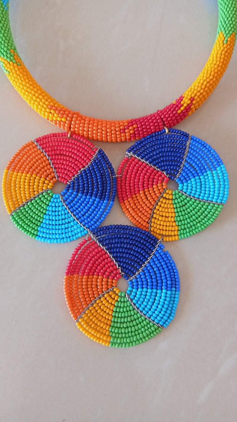 On Sale African Beaded Necklace Rainbow Beaded Jewelry Etsy