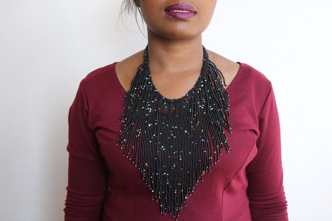 ON SALE Beaded Fringe Necklace Fringe Necklace Black - Etsy