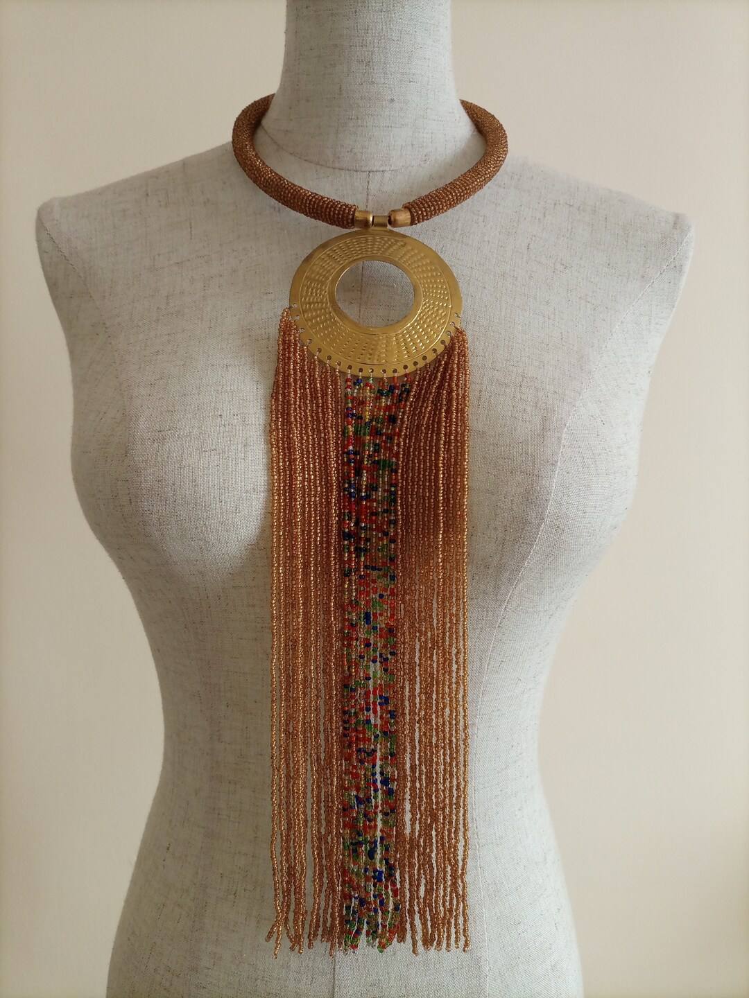 African Gold Fringe Necklace, African Beaded Necklace, African Jewelry ...