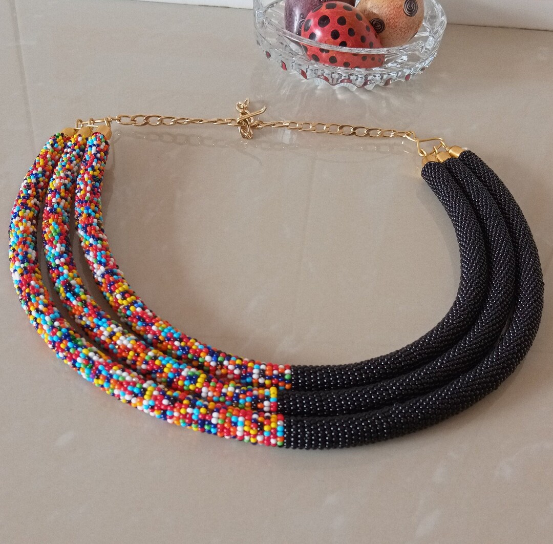 ON SALE African Black Necklace, African Beaded Layered Necklace ...