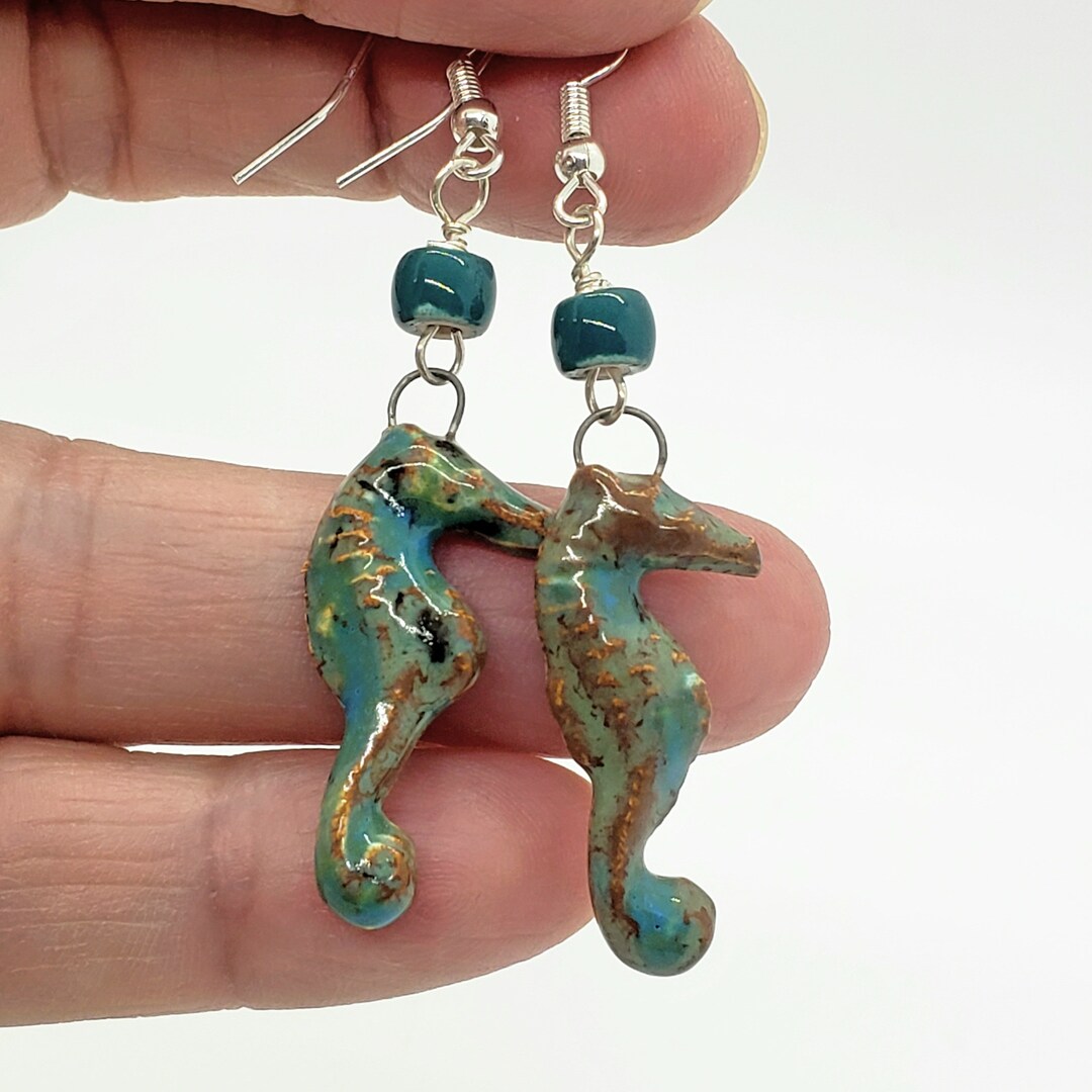 Seahorse Earrings, Ocean Teal Green Tan Ceramic, 925 Sterling Silver ...