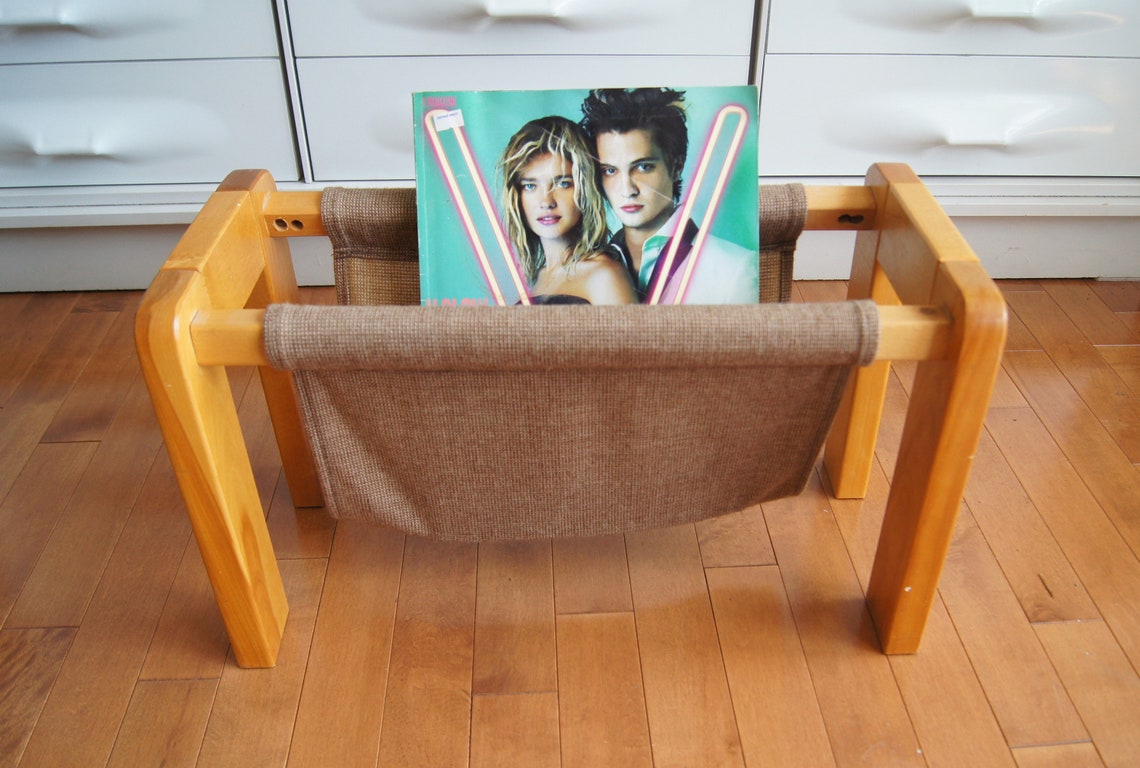 Retro Wood & Linen Magazine Rack - Mid Century Floor Stand - Etsy