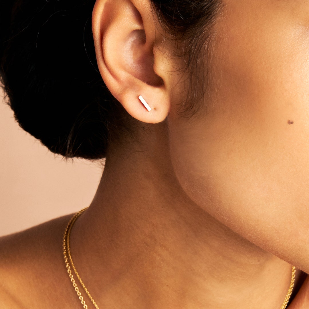 Mini Bar Stud Earrings Gold, Rose Gold or Rhodium-plated. Minimalist and Delicate. Handmade ...
