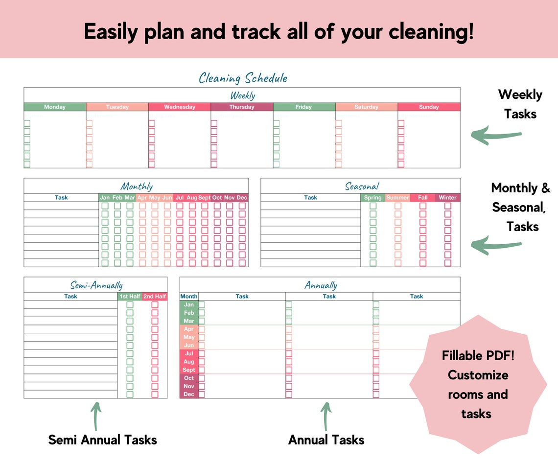 Editable Cleaning Schedule | Printable | Weekly, Monthly, Yearly ...