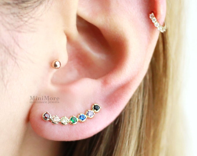 CZ Ear Cuff, Colored Stone Ear Climber, Rainbow Ear Cuff, Dainty ...