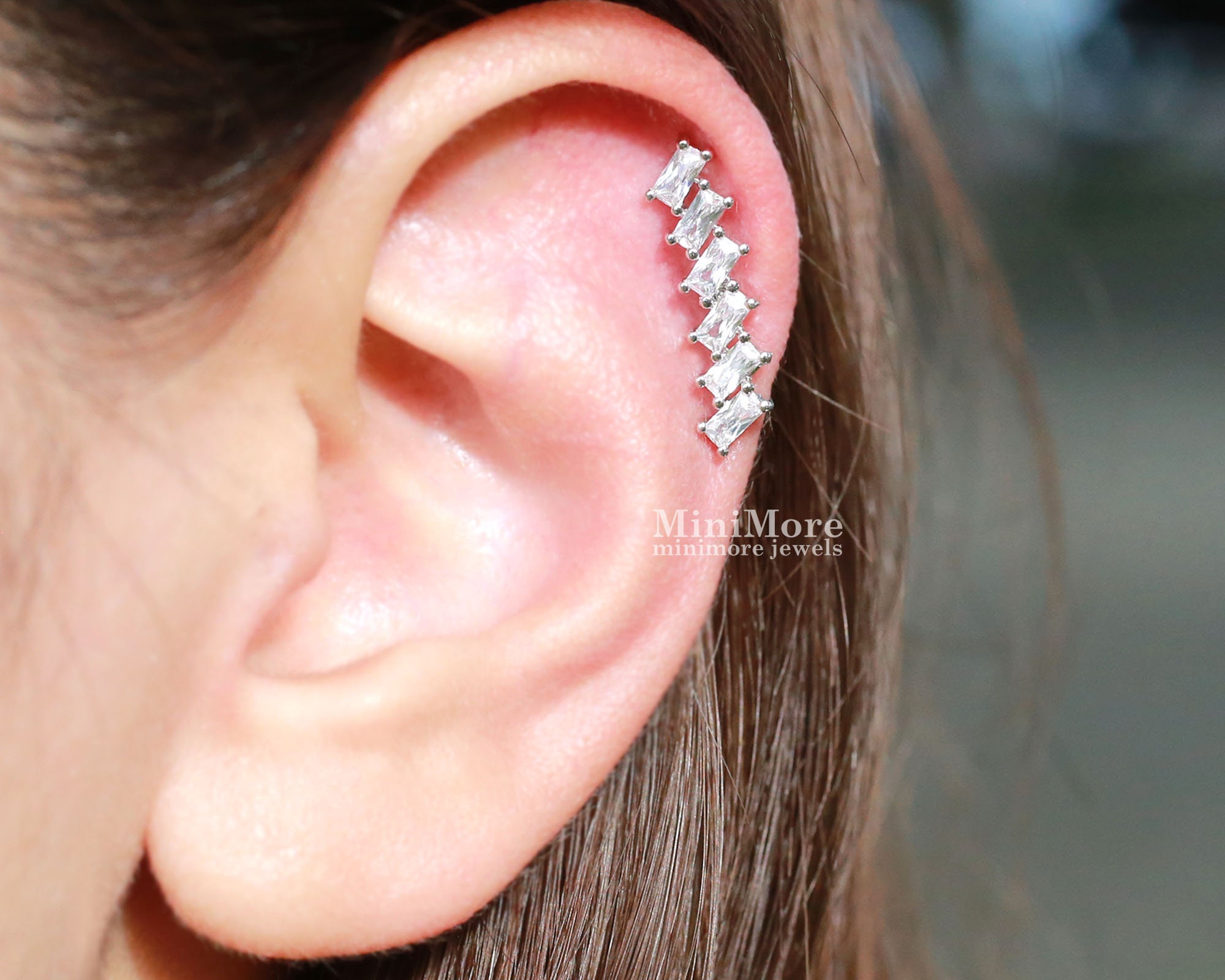 Baguette CZ Bar Earring, Conch Piercing, Cartilage Stud - Etsy