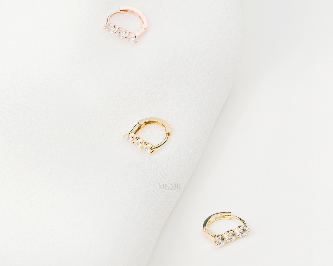 10K Solid Gold Triple Stones Hoops, Sparkly Huggie Hoop, D-shaped Ear ...