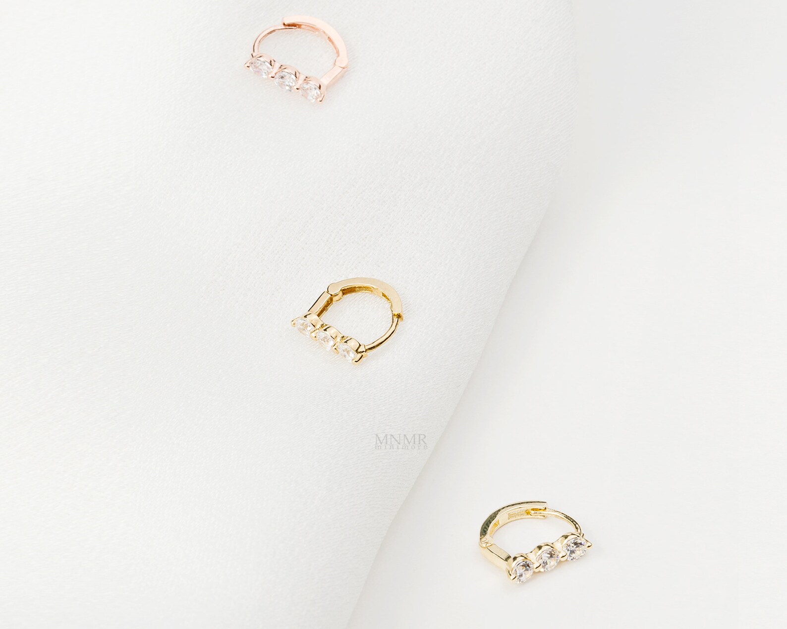 10K Solid Gold Triple Stones Hoops, Sparkly Huggie Hoop, D-shaped Ear ...