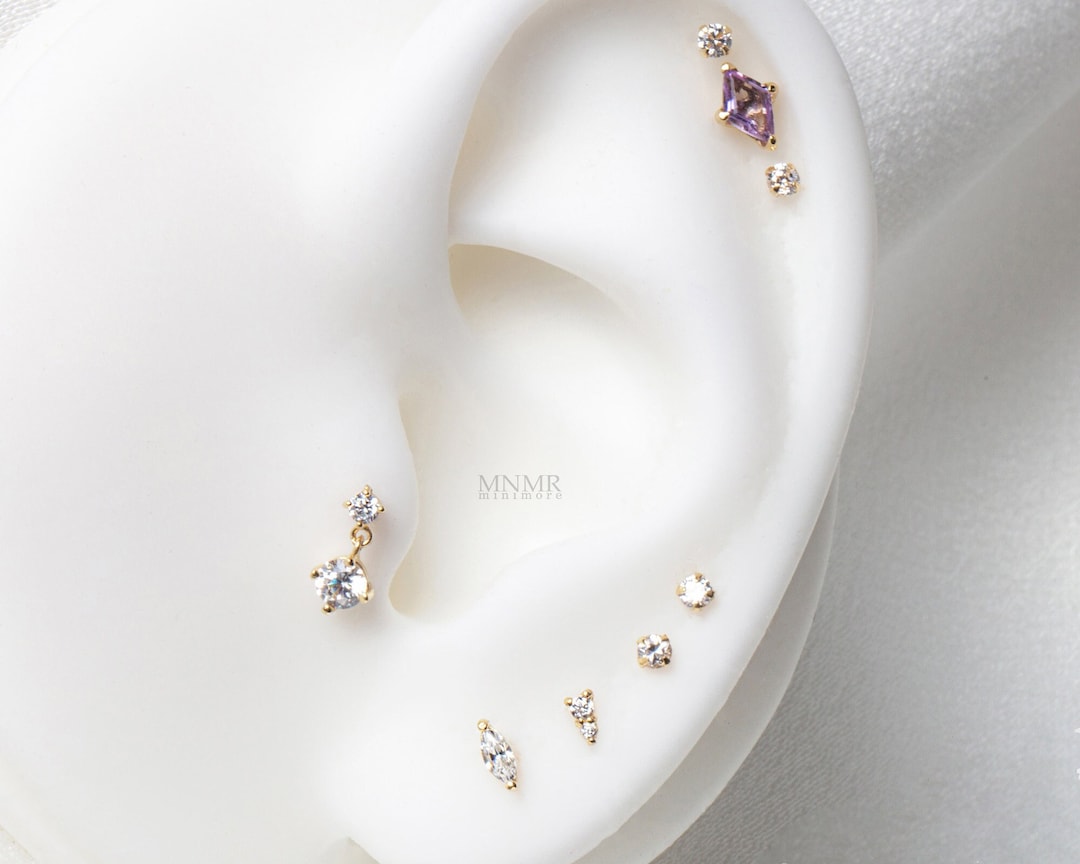 NEW! Ultra Tiny Dangle Tragus Earring, 2mm CZ Dangle Cartilage Earring, 14K Solid Gold Flatback ...