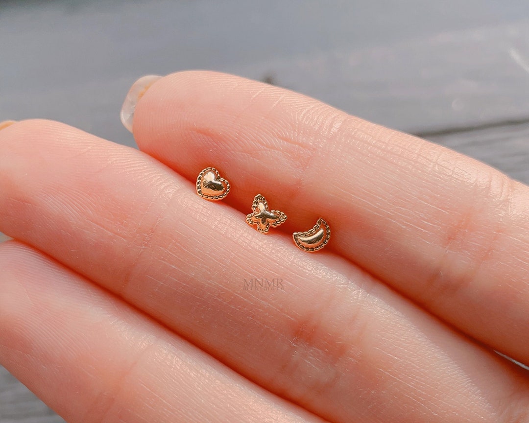 NEW! Ultra Tiny Cartilage Flatback Stud, Tragus Earring, Tiny Lacy Heart Earring, Tiny Moon ...