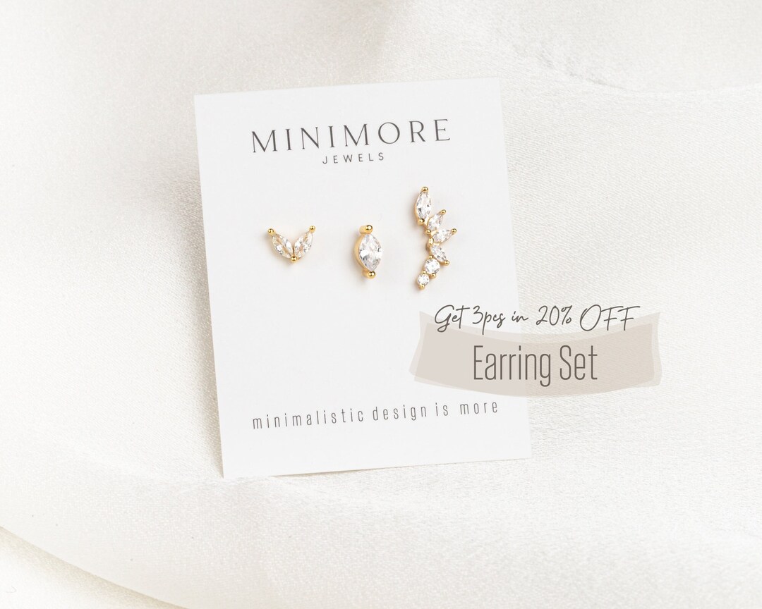 Silver Cartilage Earring Set, Curved CZ Stud, Marquise Bar Stud, Curved Helix Flatback, Curved ...