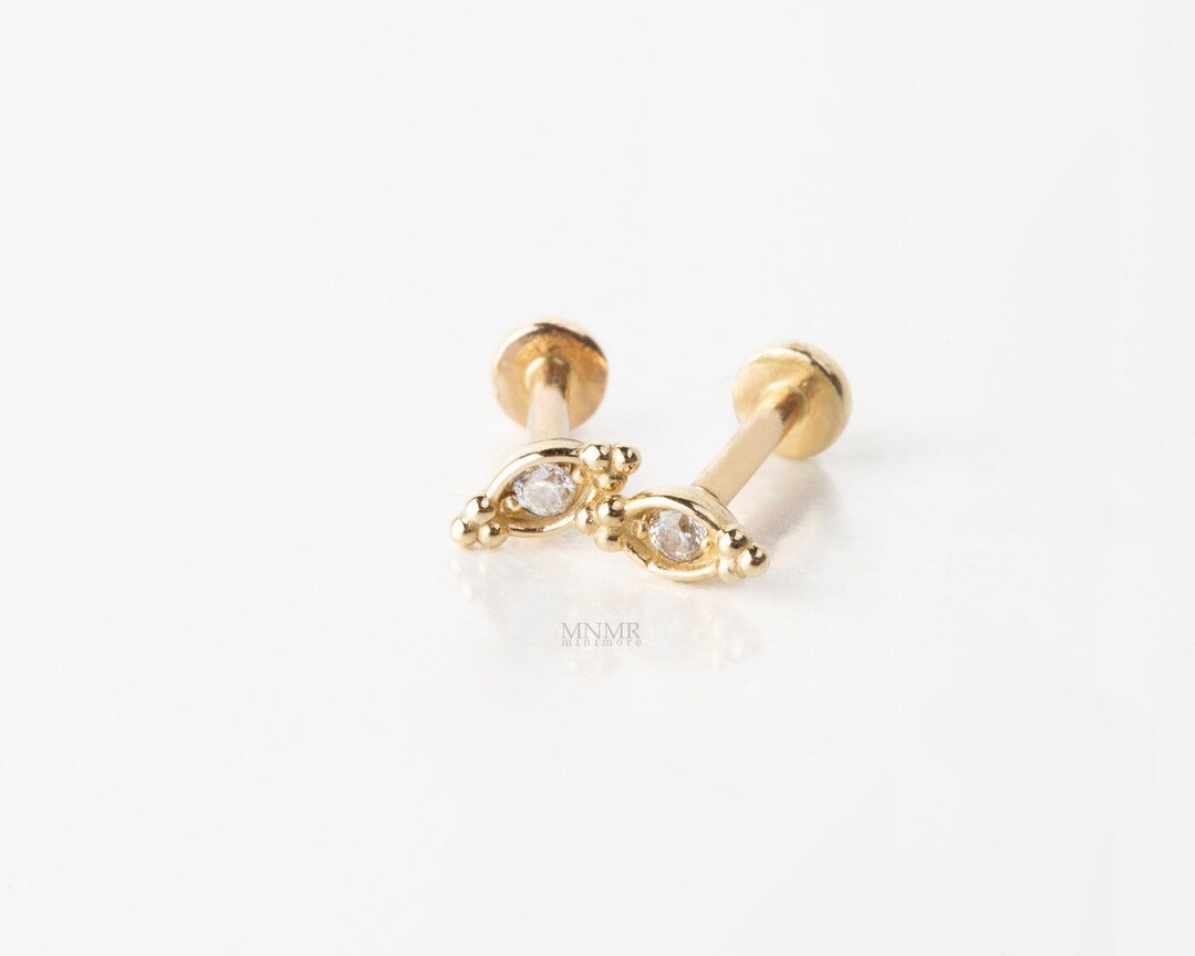 14K Solid Gold Internally Threaded Flatback Earring, Cluster Tragus ...