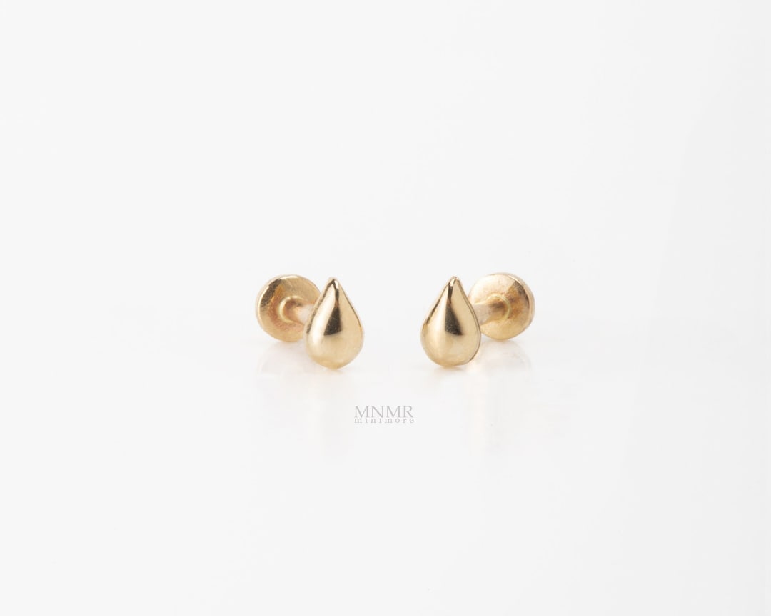 NEW! Ultra Tiny Teardrop Flatback Stud, 14K Solid Gold Internally ...