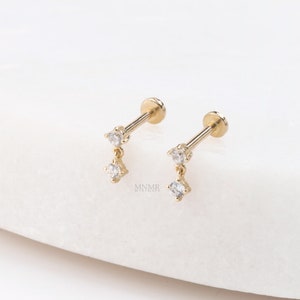 NEW! Ultra Tiny Dangle Tragus Earring, 2mm CZ Dangle Cartilage Earring, 14K Solid Gold Flatback ...