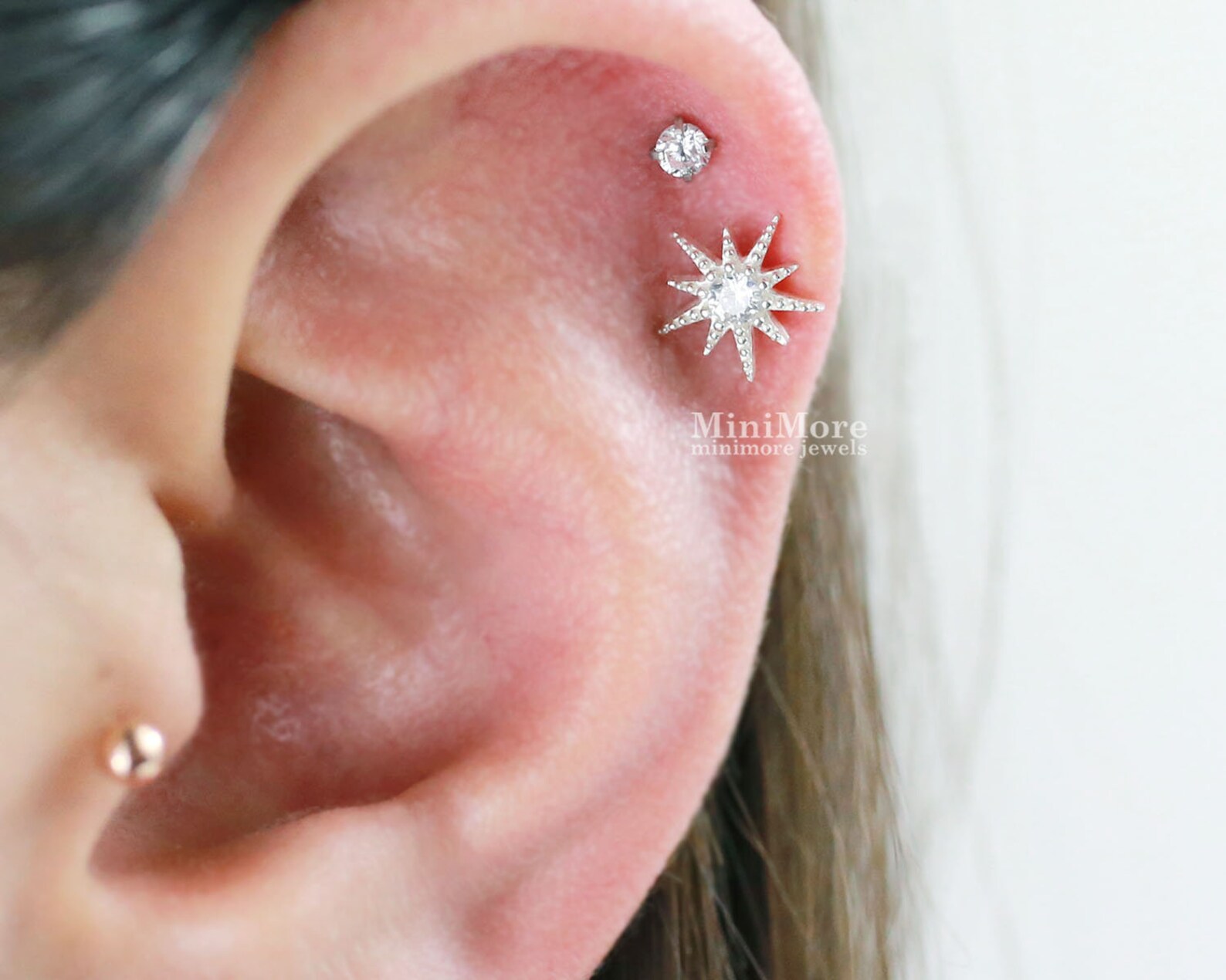 925 Sterling silver piercing Star & Moon CZ earring Shiny CZ | Etsy