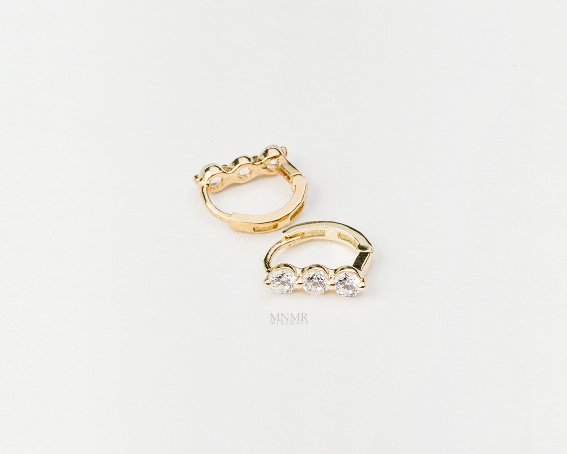 10K Solid Gold Triple Stones Hoops, Sparkly Huggie Hoop, D-shaped Ear ...