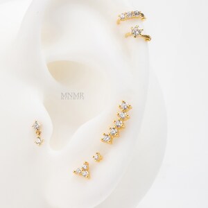 NEW! Ultra Tiny Dangle Tragus Earring, 2mm CZ Dangle Cartilage Earring, 14K Solid Gold Flatback ...