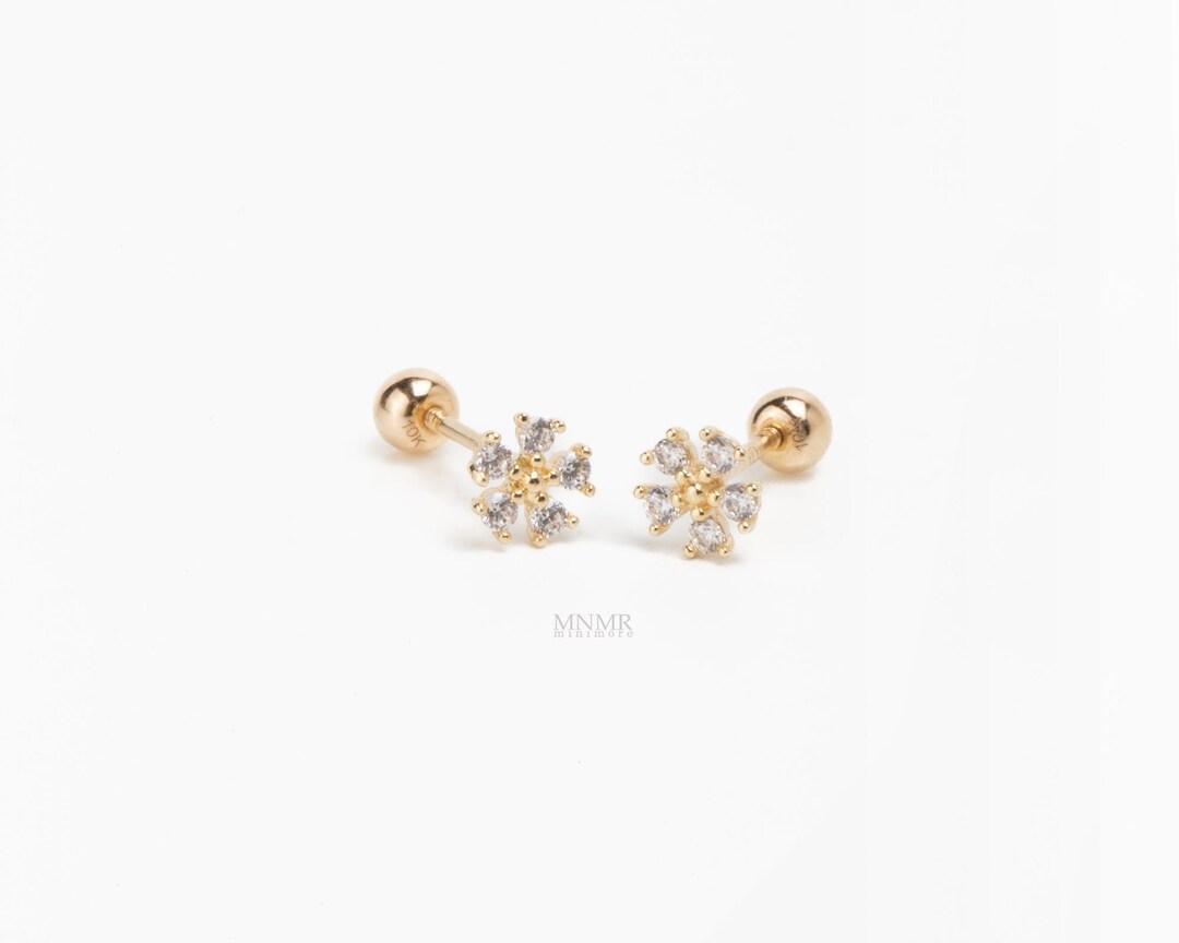 10K Solid Gold Blooming Flower Piercing, Tiny Tragus Earring, Tiny CZ ...